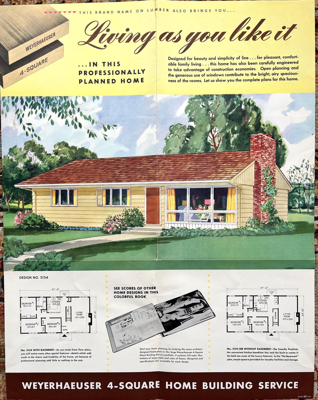Vintage House Plan Poster, Original 1950s Weyerhaeuser Mid Century ...