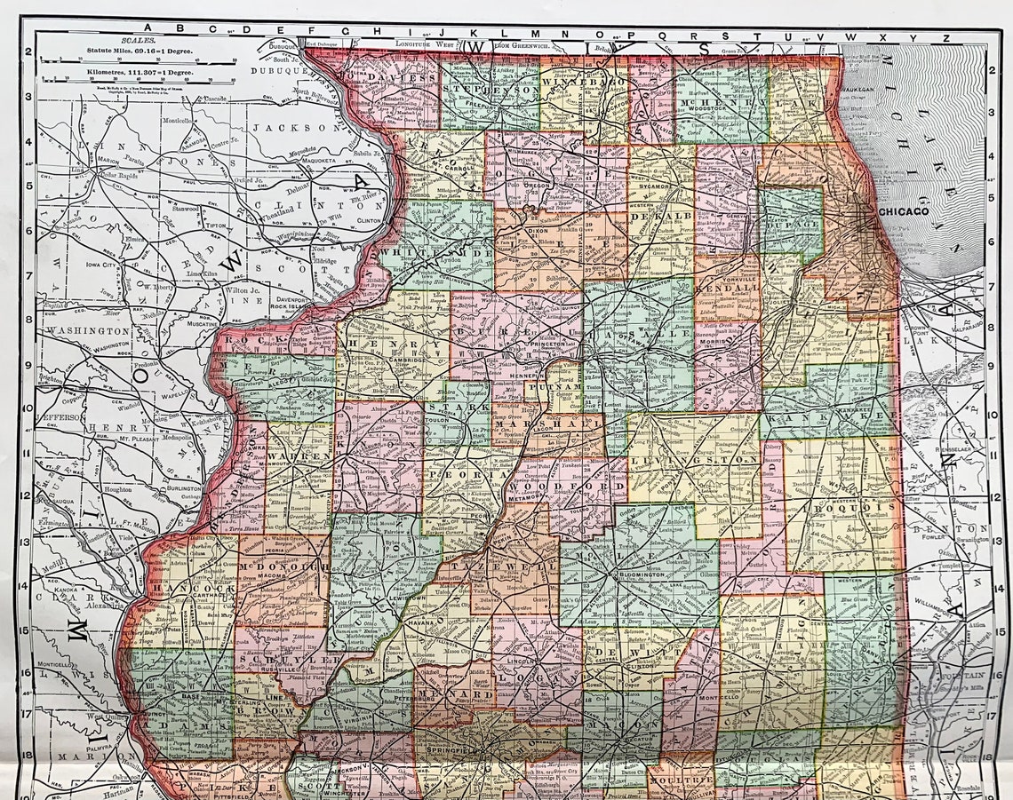 Illinois Map, Original 1895 Rand Mcnally Atlas, Land of Lincoln ...