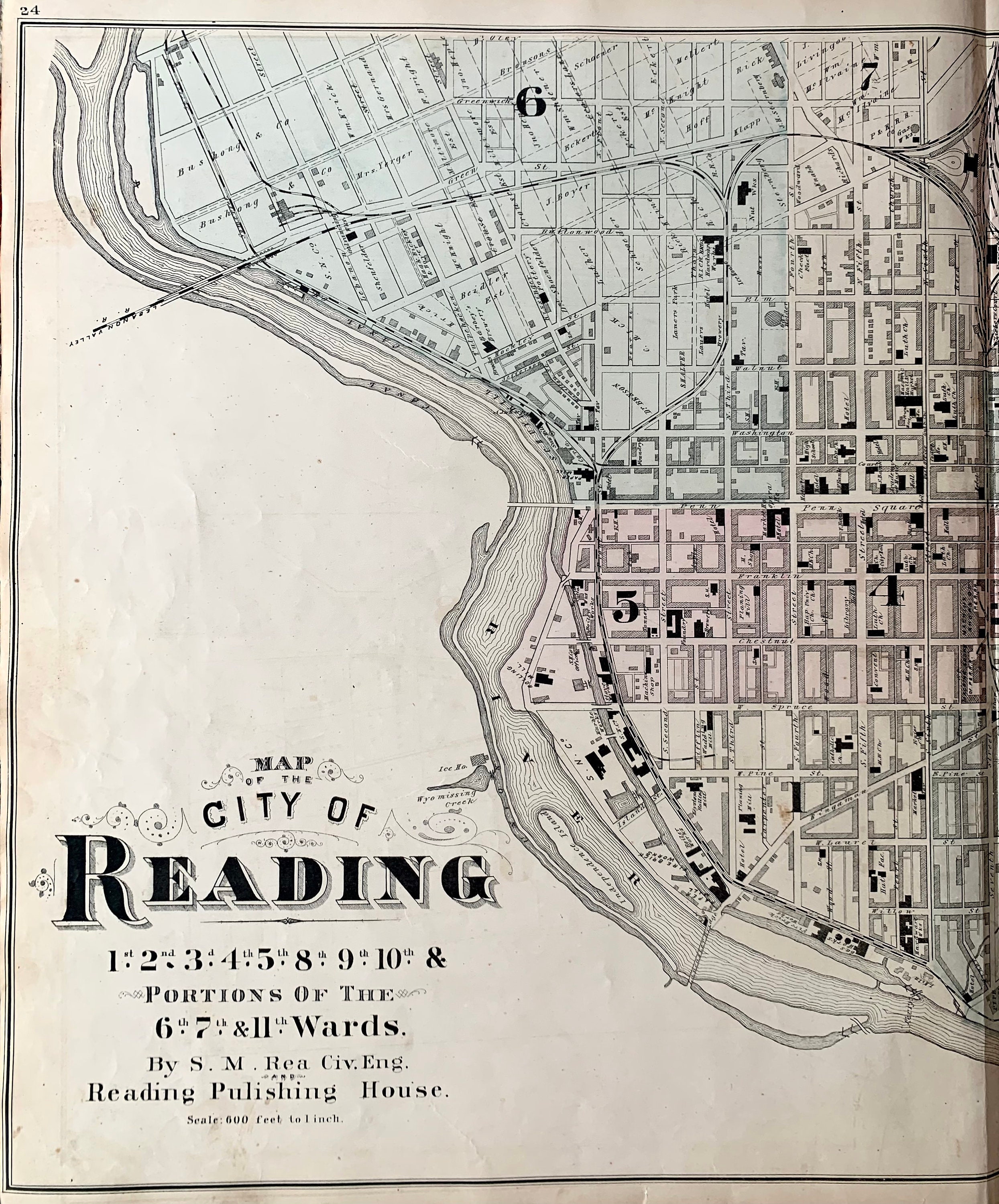 City of Reading Map, Original 1876 Berks County Pennsylvania Atlas ...