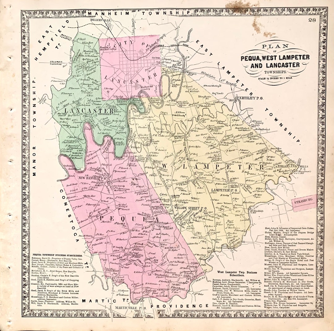 West Lampeter Map, Original 1864 Lancaster County Atlas, Pequea, Willow ...