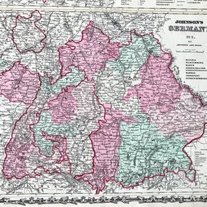 Germany Map, Antique Johnsons Map of Germany, Original 1863 Hand ...