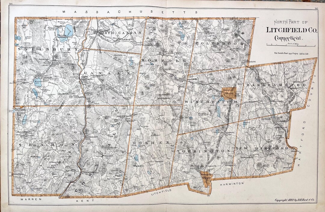 Litchfield County Map, Original 1893 Connecticut Atlas, Sharon ...