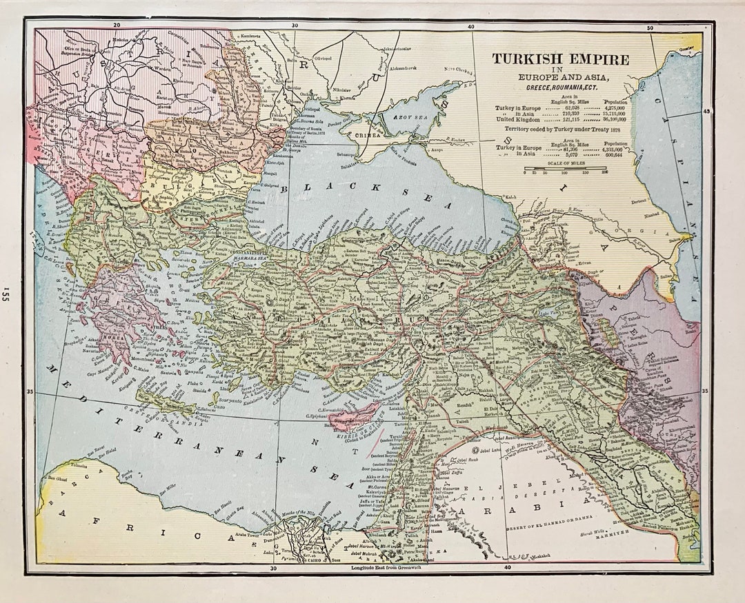 Turkish Empire Map, Original 1895 Crams Atlas, Turkey, Europe, Greece ...