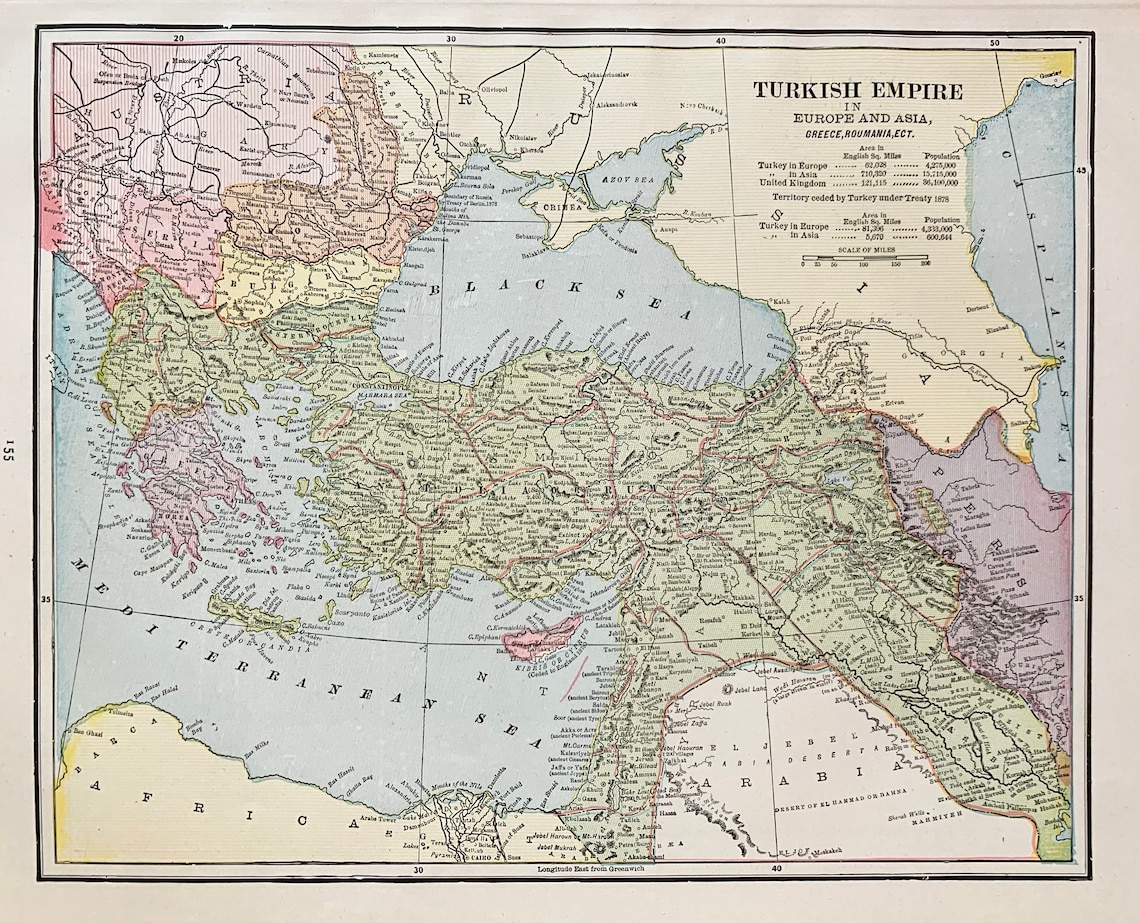 Mapa del Imperio Turco Original 1895 Crams Atlas Turquía - Etsy México