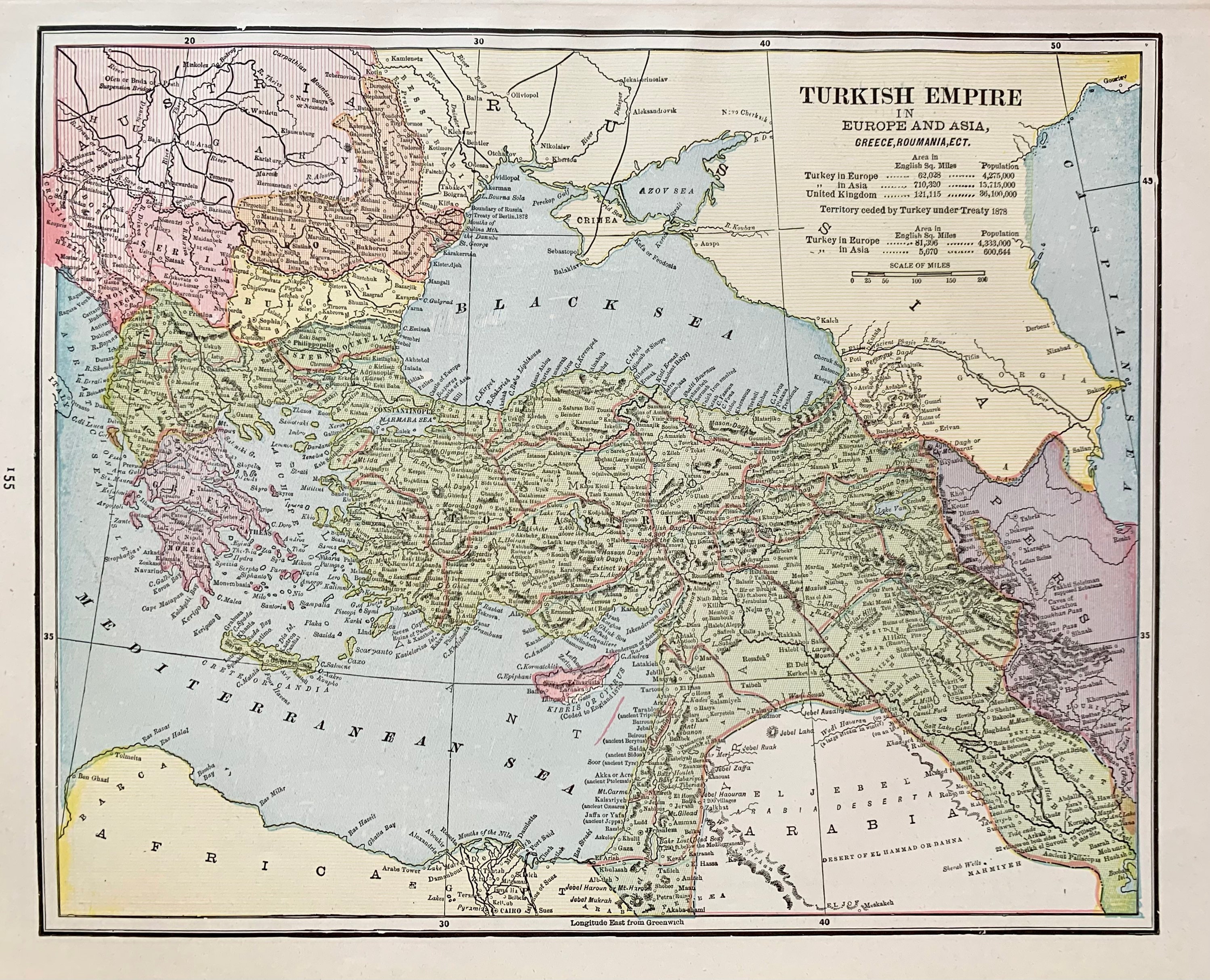 Turkish Empire Map, Original 1895 Crams Atlas, Turkey, Europe, Greece ...