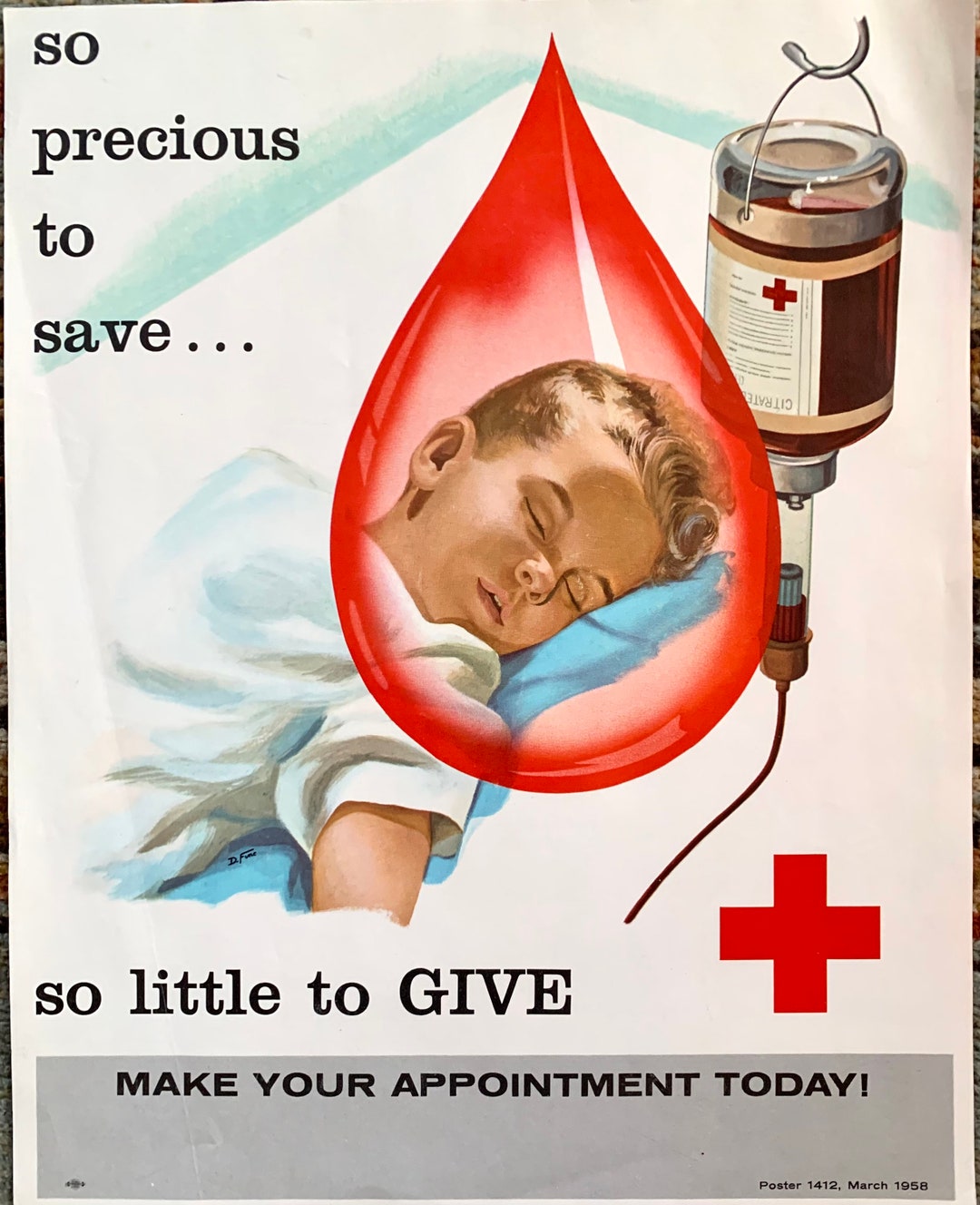 Vintage Red Cross Poster, Original 1958 Give Blood Print - Etsy