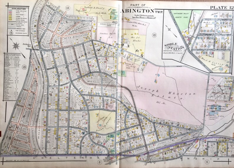 Abington Map, Original 1916 North Penn Atlas, Glenside, Noble Station ...