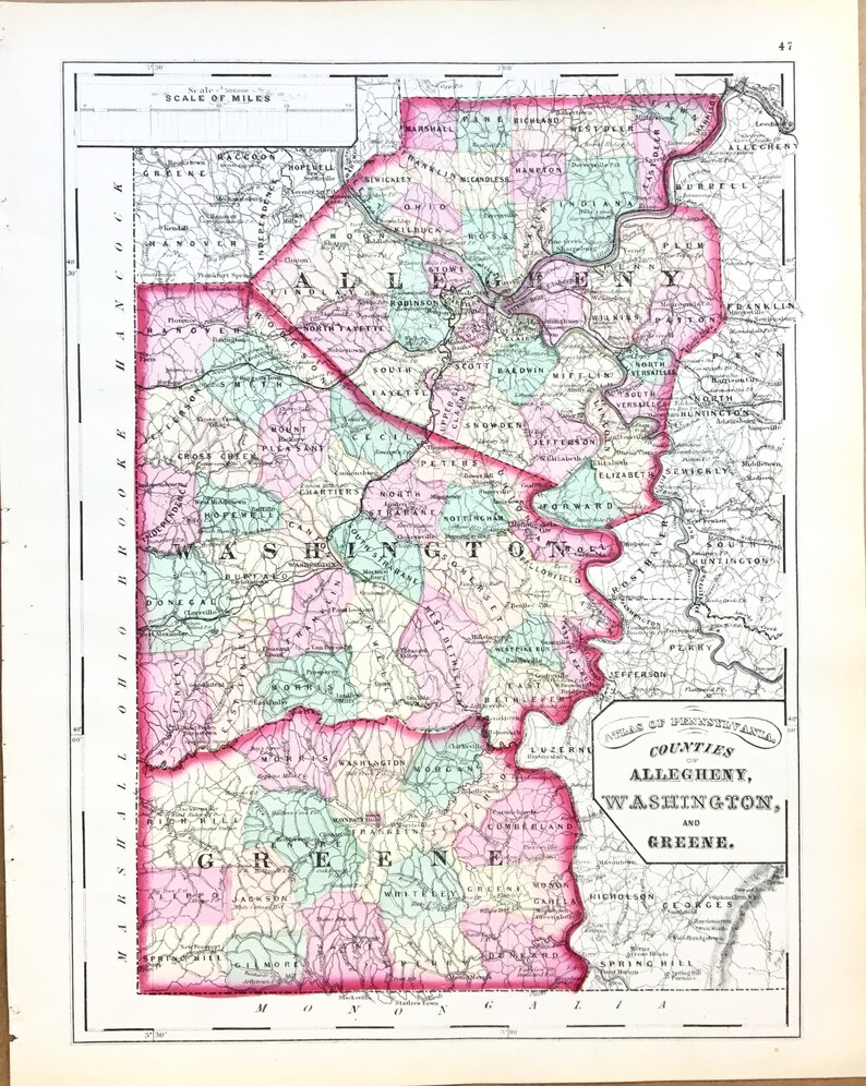 Allegheny County Map Original 1872 State of Pennsylvania | Etsy
