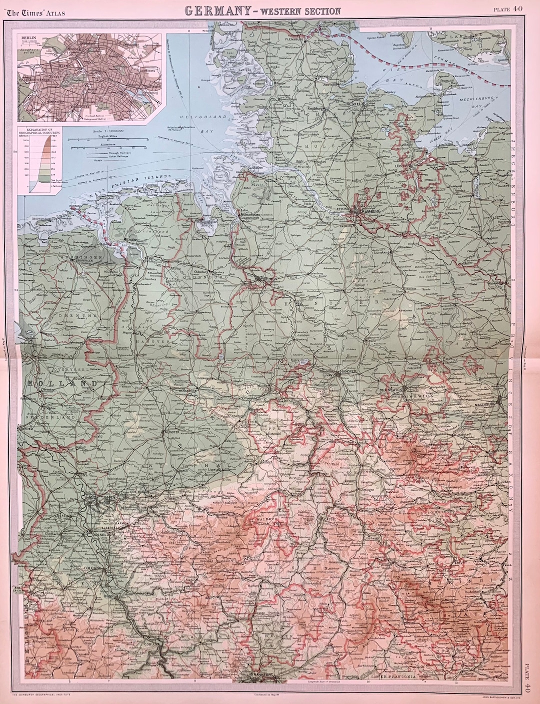 Germany Map, Original 1922 Times Atlas, Berlin, Hamburg, Düsseldorf ...