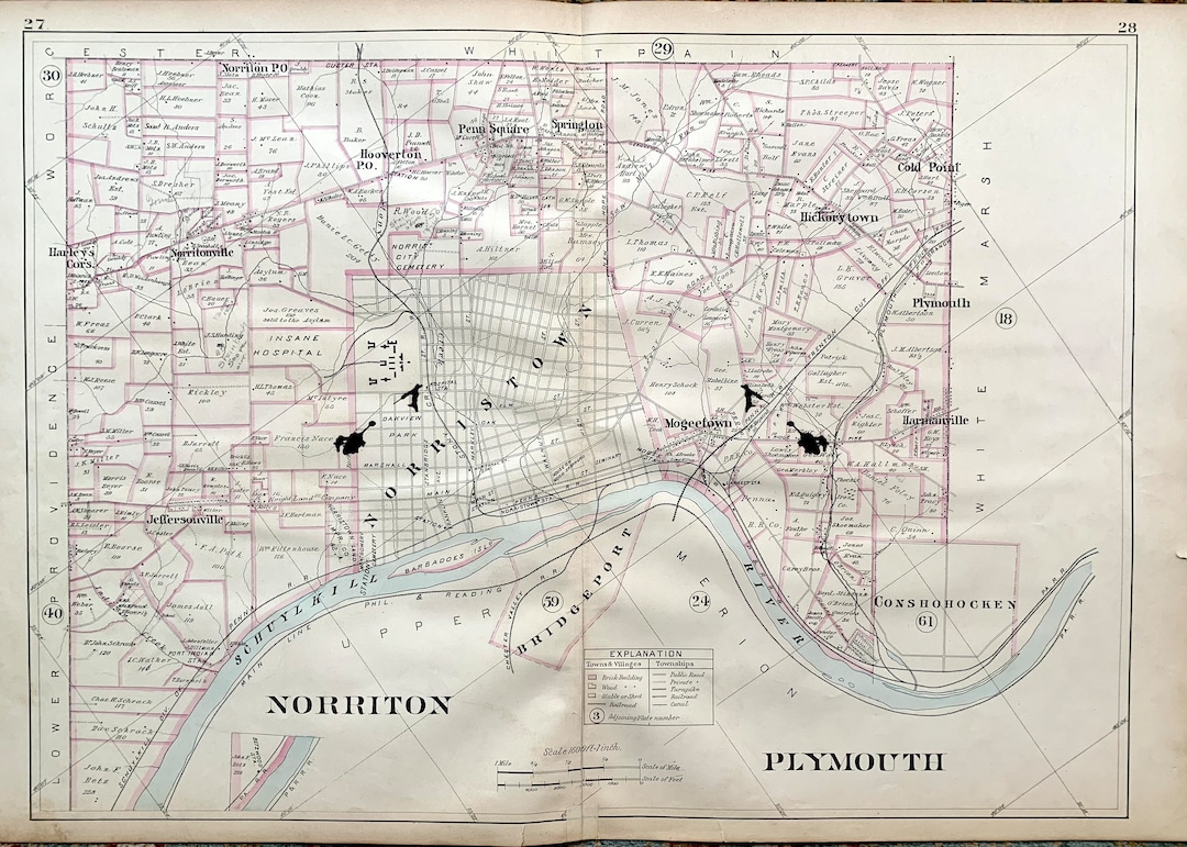 Plymouth Township Map, Original 1893 Montgomery County Atlas, Norriton ...