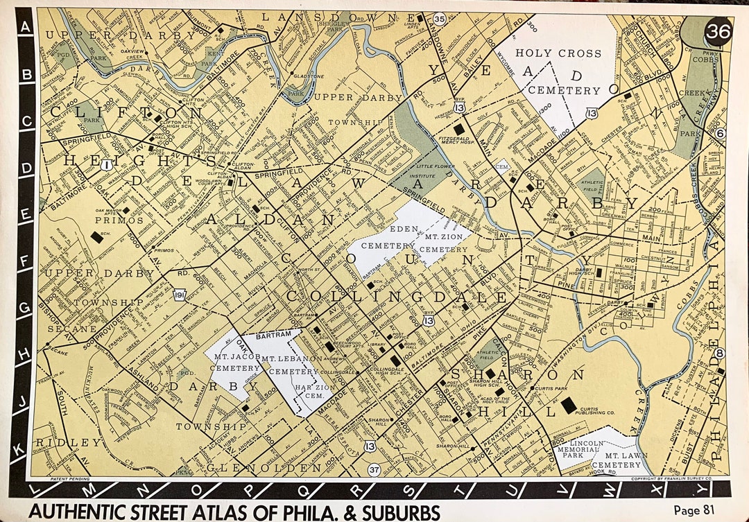 Upper Darby Township Map, Original 1951 Franklins Atlas, Clifton ...
