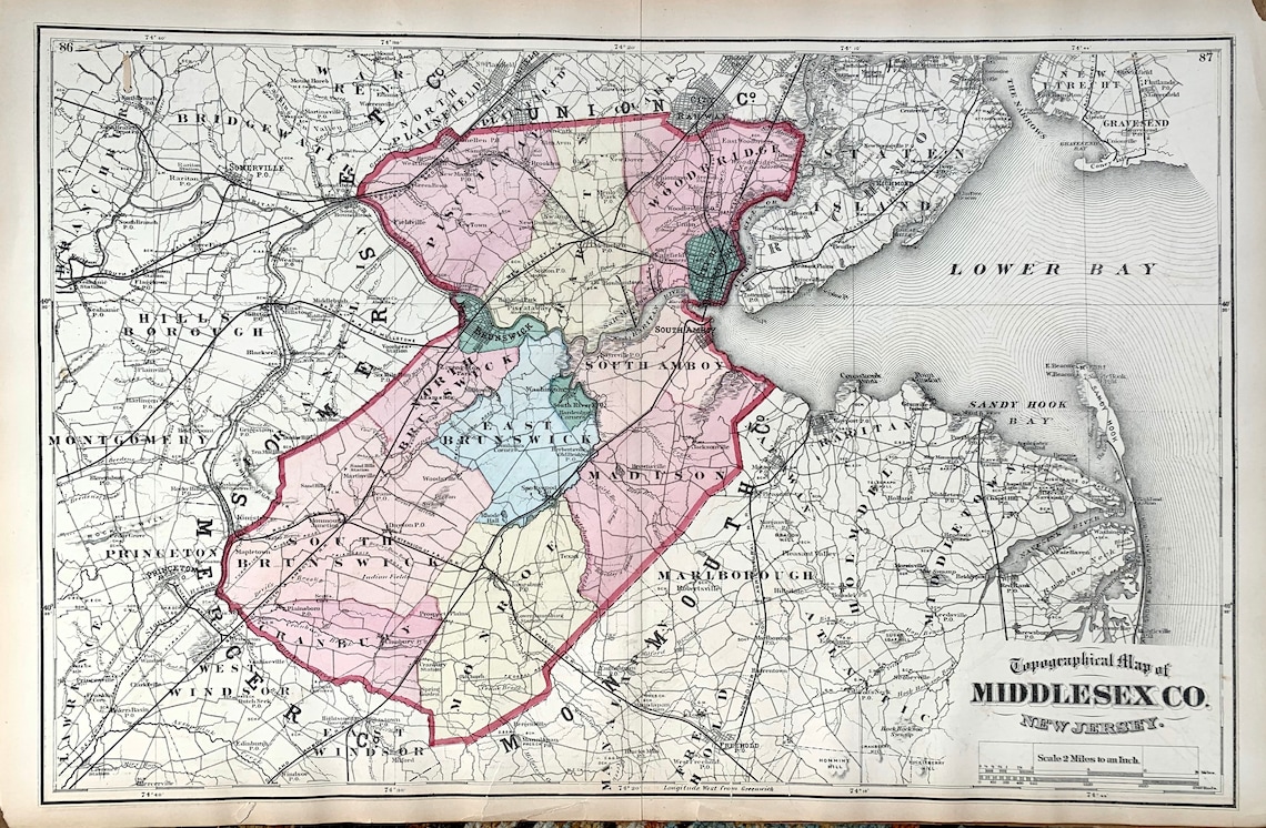 Middlesex County Map Original 1877 New Jersey Atlas New Etsy