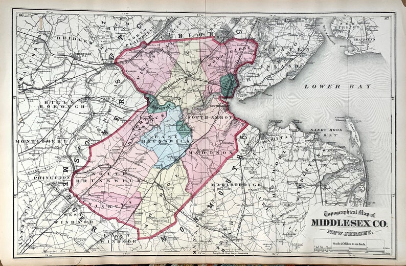 Middlesex County Map, Original 1877 New Jersey Atlas, New Brunswick ...