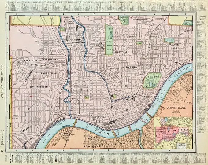 Cincinnati Map, Original 1900 Rand Mcnally Atlas, Cincinnati Ohio, Eden ...