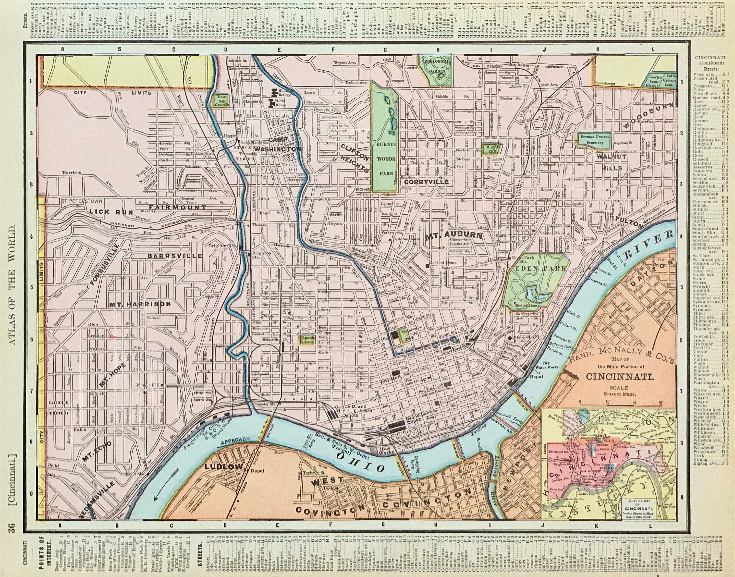 Cincinnati Map, Original 1900 Rand Mcnally Atlas, Cincinnati Ohio, Eden ...