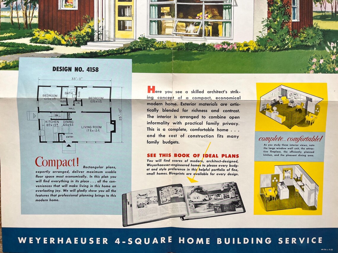 Vintage House Plan Poster, Original 1950s Weyerhaeuser Mid Century ...