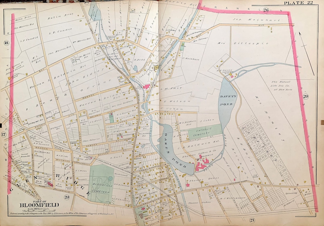 Bloomfield Township Map, Original 1890 Essex County Atlas, Glen Ridge ...