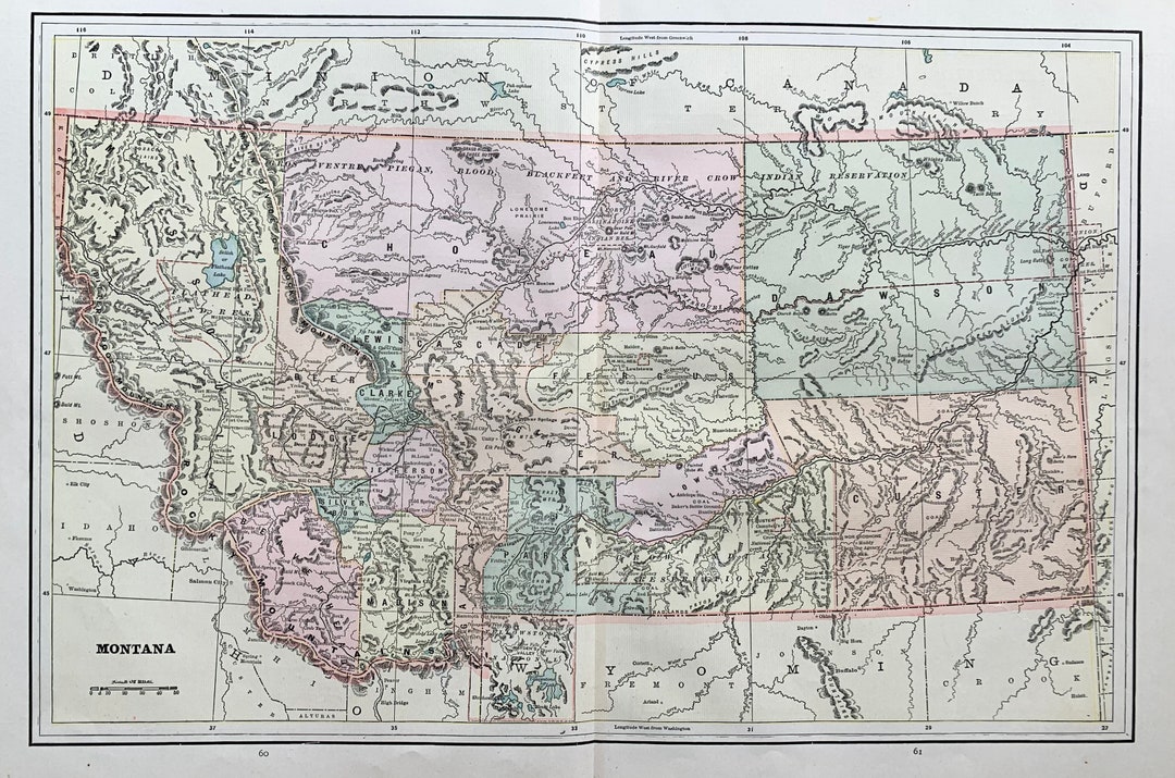 Antique Montana Map, Original 1901 Crams Atlas Map, State of Montana ...