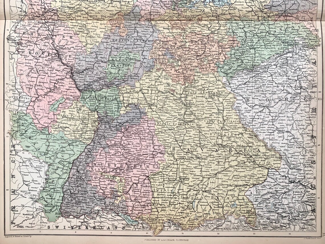 German Empire Map, Original 1875 Blacks Atlas, West Germany, Bavaria - Etsy