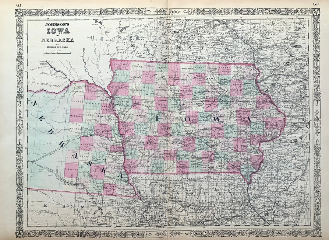 Iowa and Nebraska Map, Original 1864 Johnsons Atlas, Hawkeye State ...