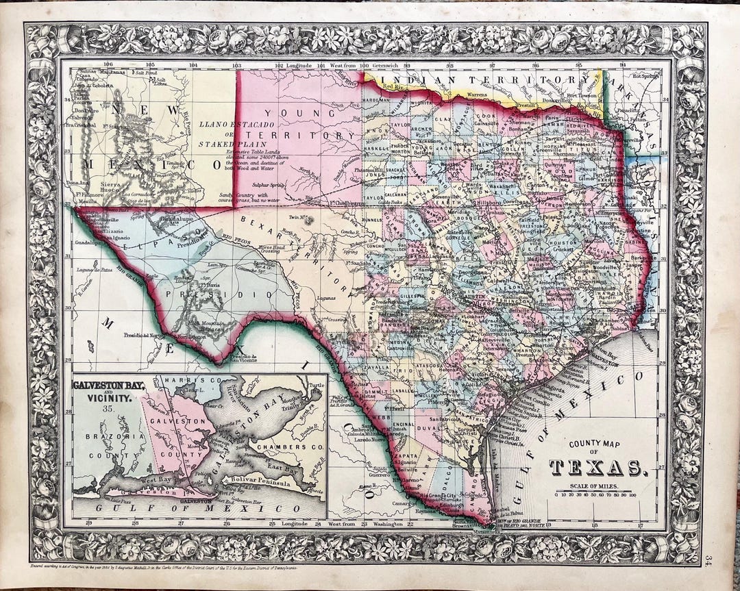 State of Texas Map, Original 1862 Mitchells Atlas, Young Territory, San ...