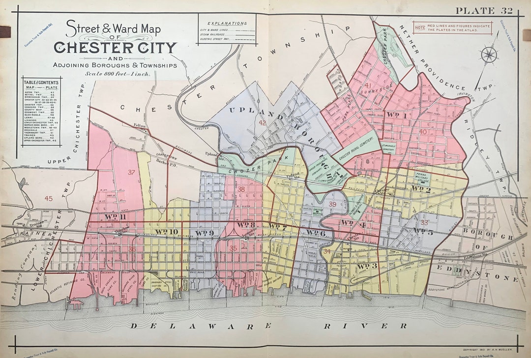 Chester City Map, Original 1913 Delaware County Atlas, Upland Map ...