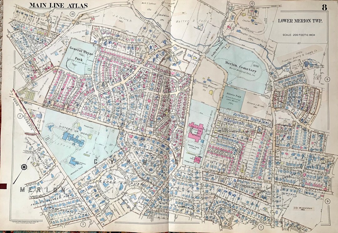 1947 Cynwyd Map, Original Main Line Atlas Map, Lower Merion Township ...