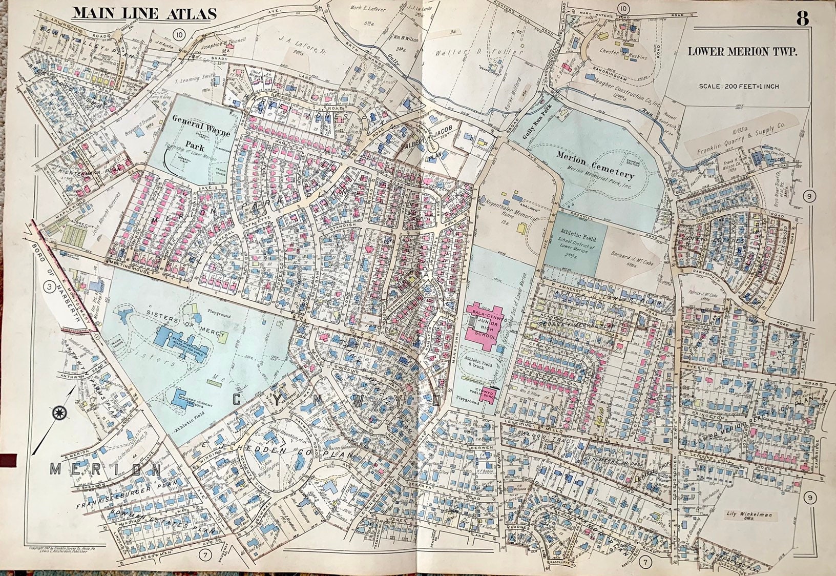 1947 Cynwyd Map, Original Main Line Atlas Map, Lower Merion Township ...