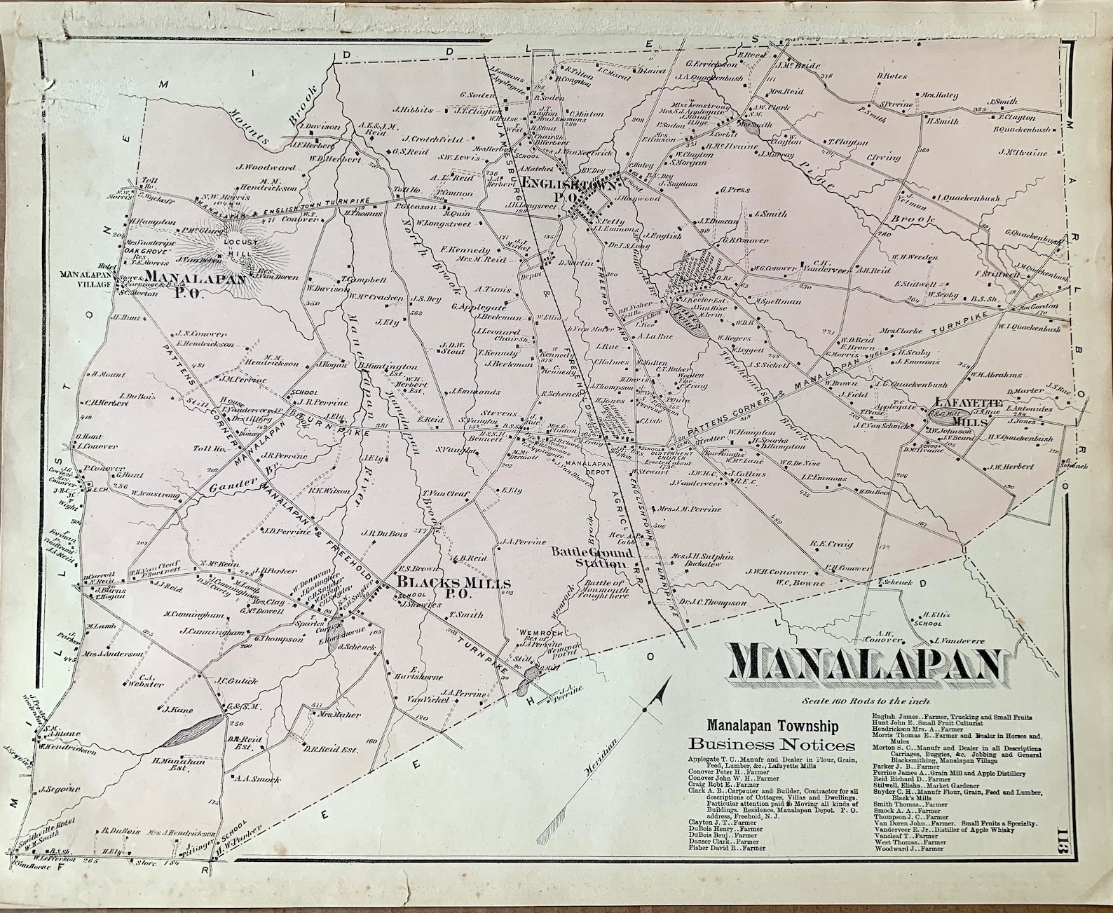 Manalapan Township Map, Original 1873 Monmouth County, New Jersey Atlas ...