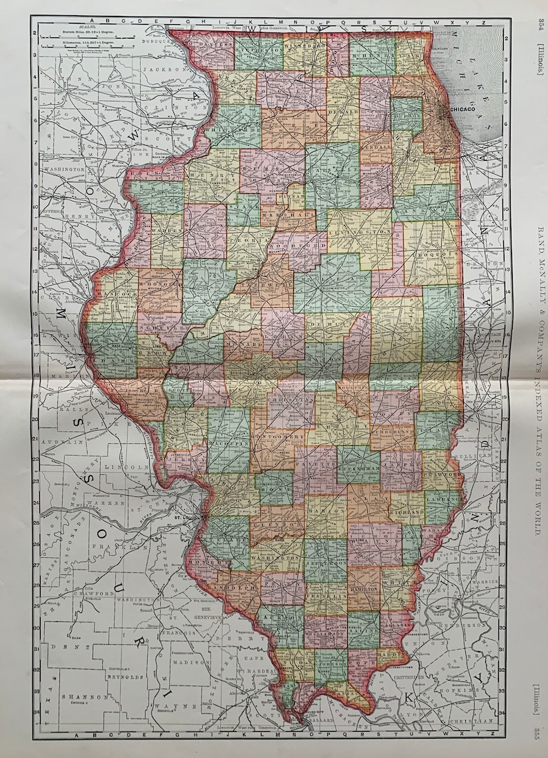 Illinois Map, Original 1895 Rand Mcnally Atlas, Land of Lincoln ...