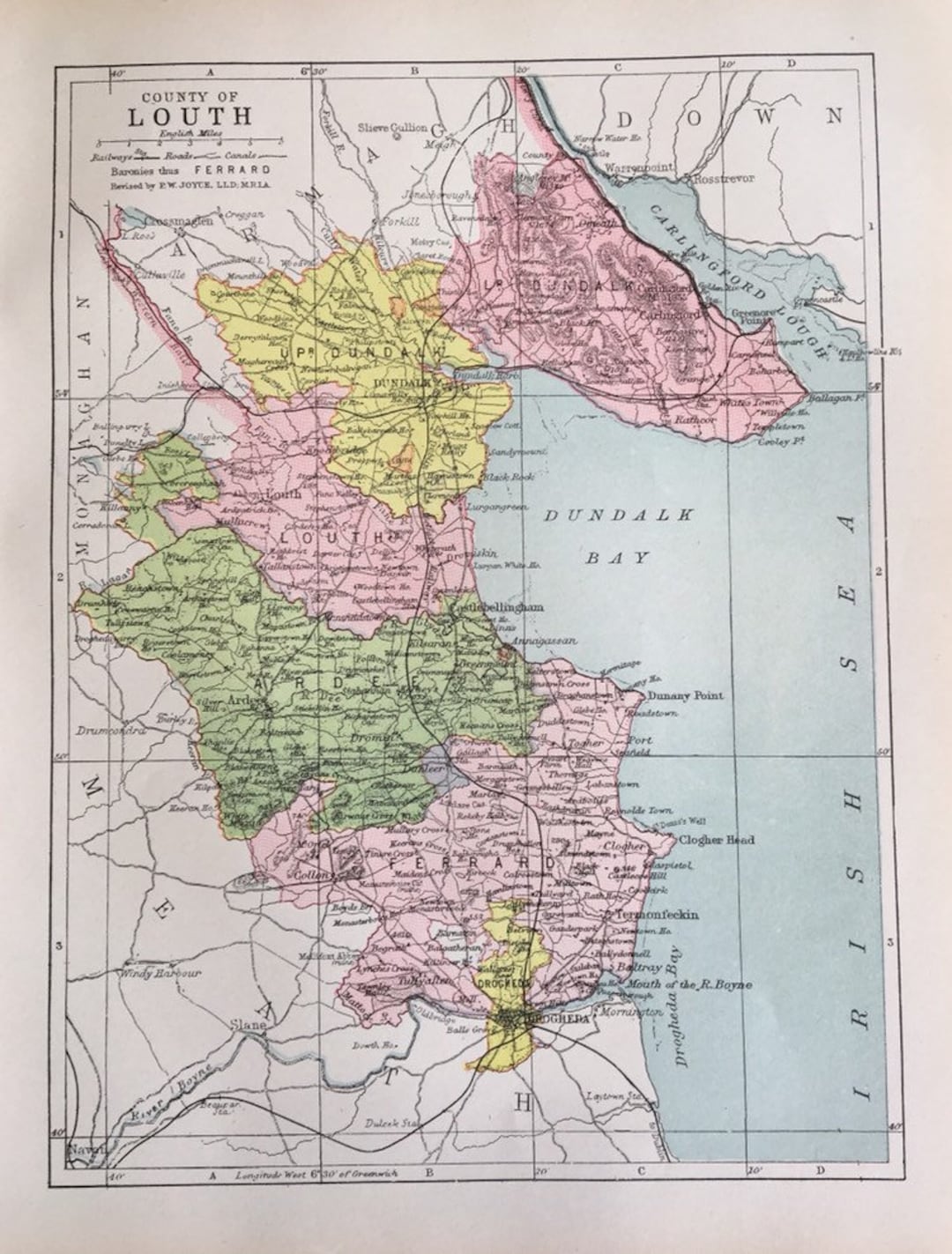 County of Louth, Original 1900 Ireland Atlas Map, Dundalk Bay, Irish ...
