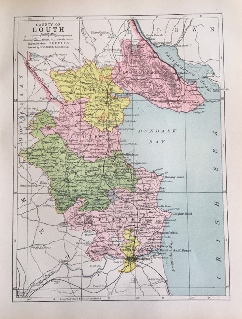 County of Louth, Original 1900 Ireland Atlas Map, Dundalk Bay, Irish ...