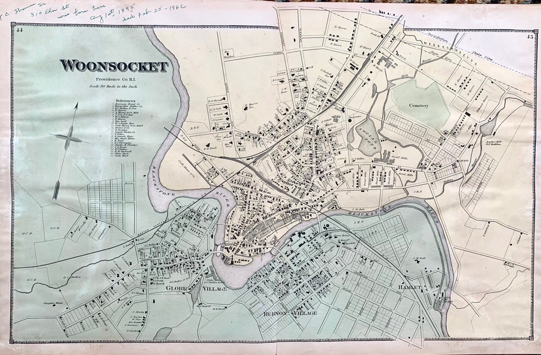 Woonsocket Map, Original 1870 Rhode Island Atlas, Providence County ...