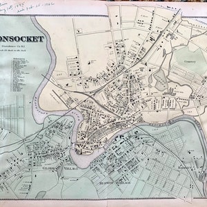 Woonsocket Map, Original 1870 Rhode Island Atlas, Providence County ...