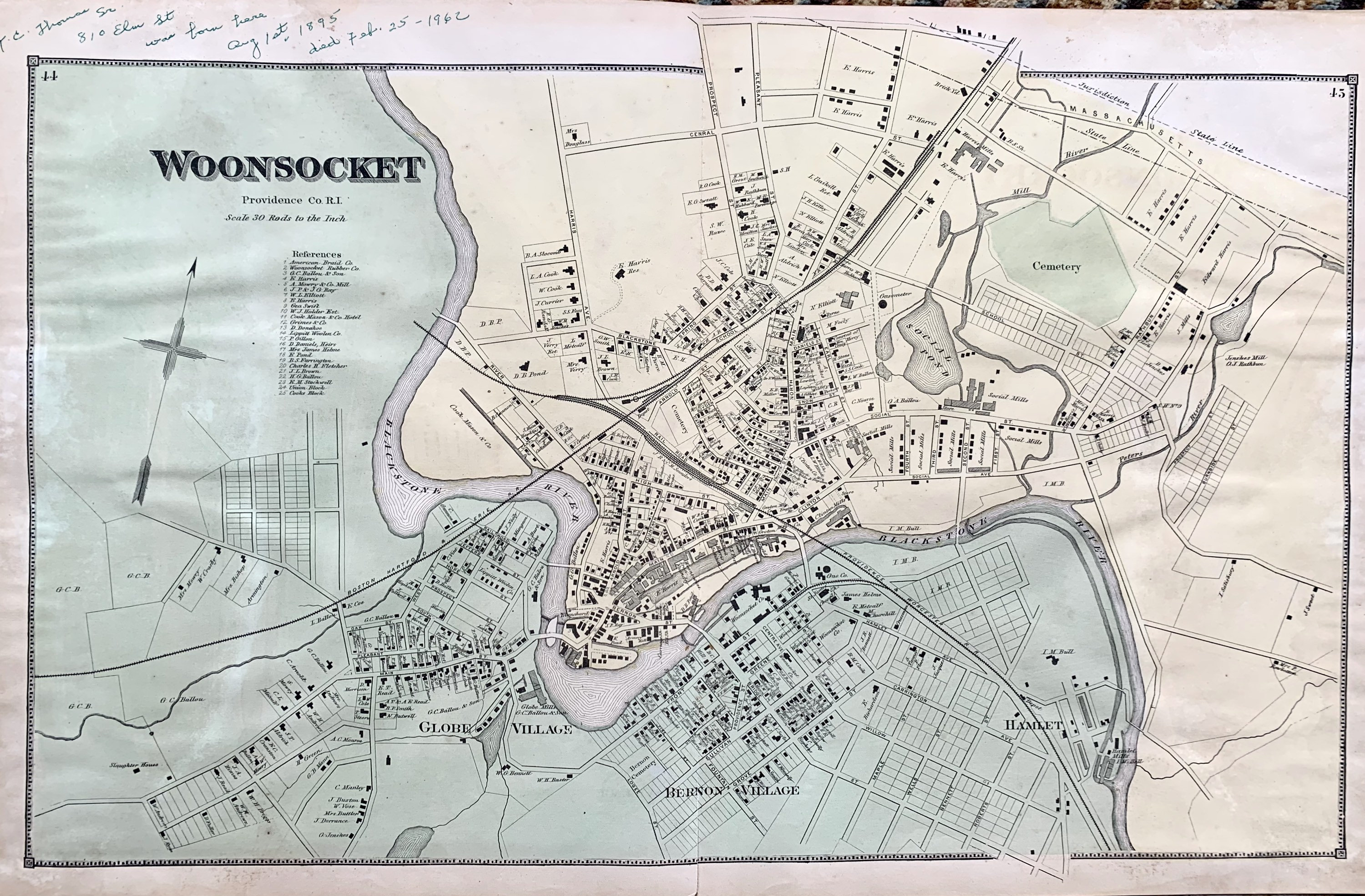 Woonsocket Map, Original 1870 Rhode Island Atlas, Providence County ...