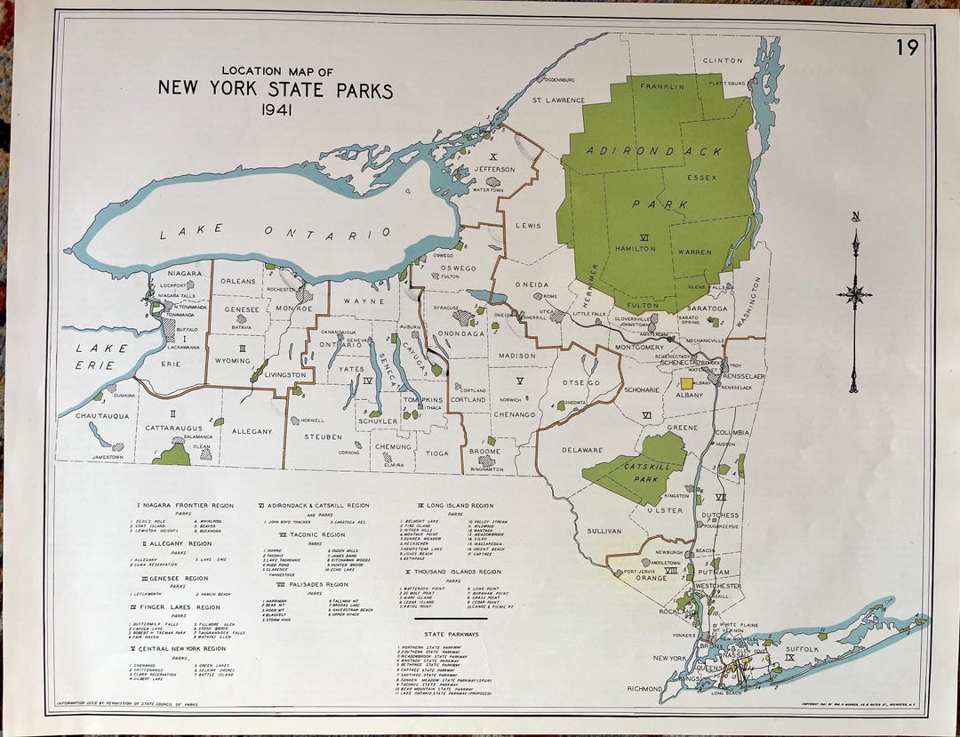 New York State Parks Map, Original 1941 NY State Atlas, Catskills ...