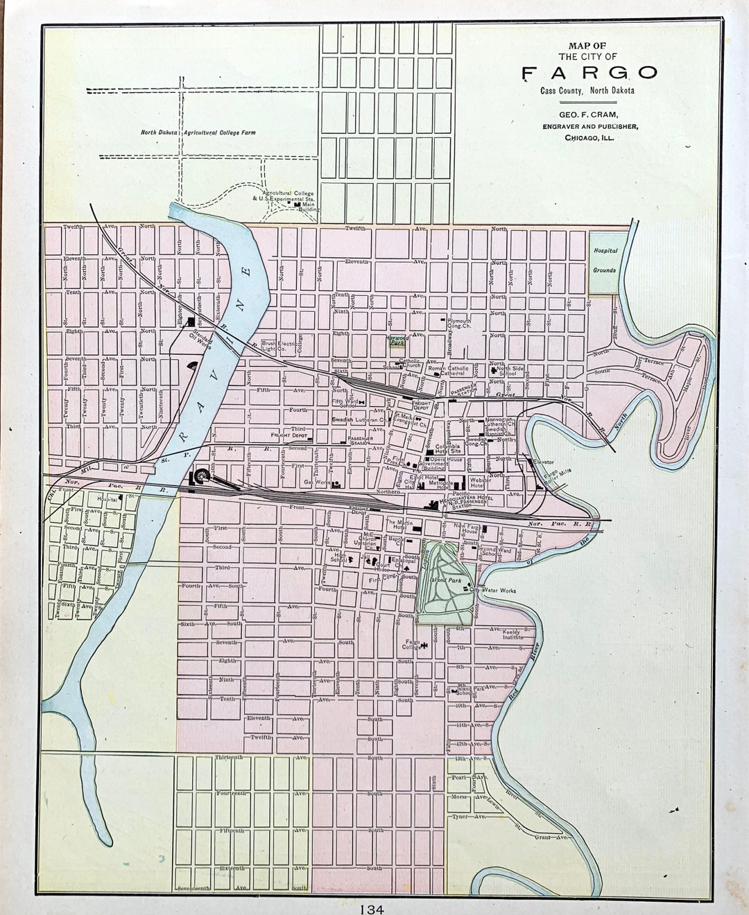 Antique Fargo Map, Original 1895 Crams Atlas Map, Fargo North Dakota ...