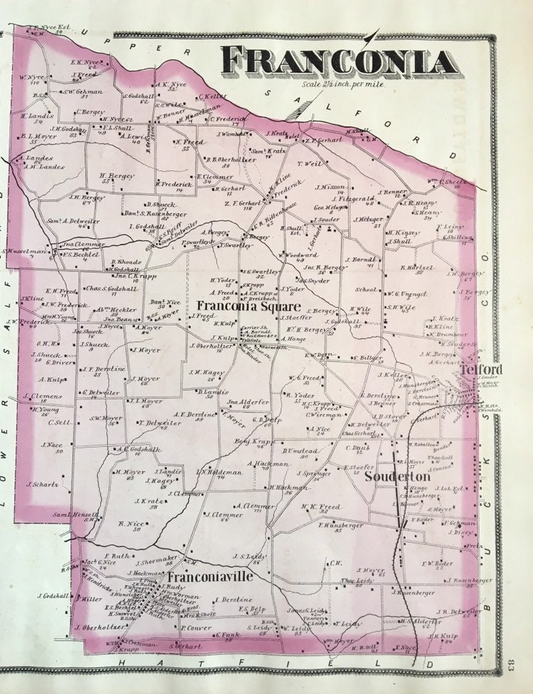 Franconia Township Map, Original 1877 Montgomery County Pennsylvania ...