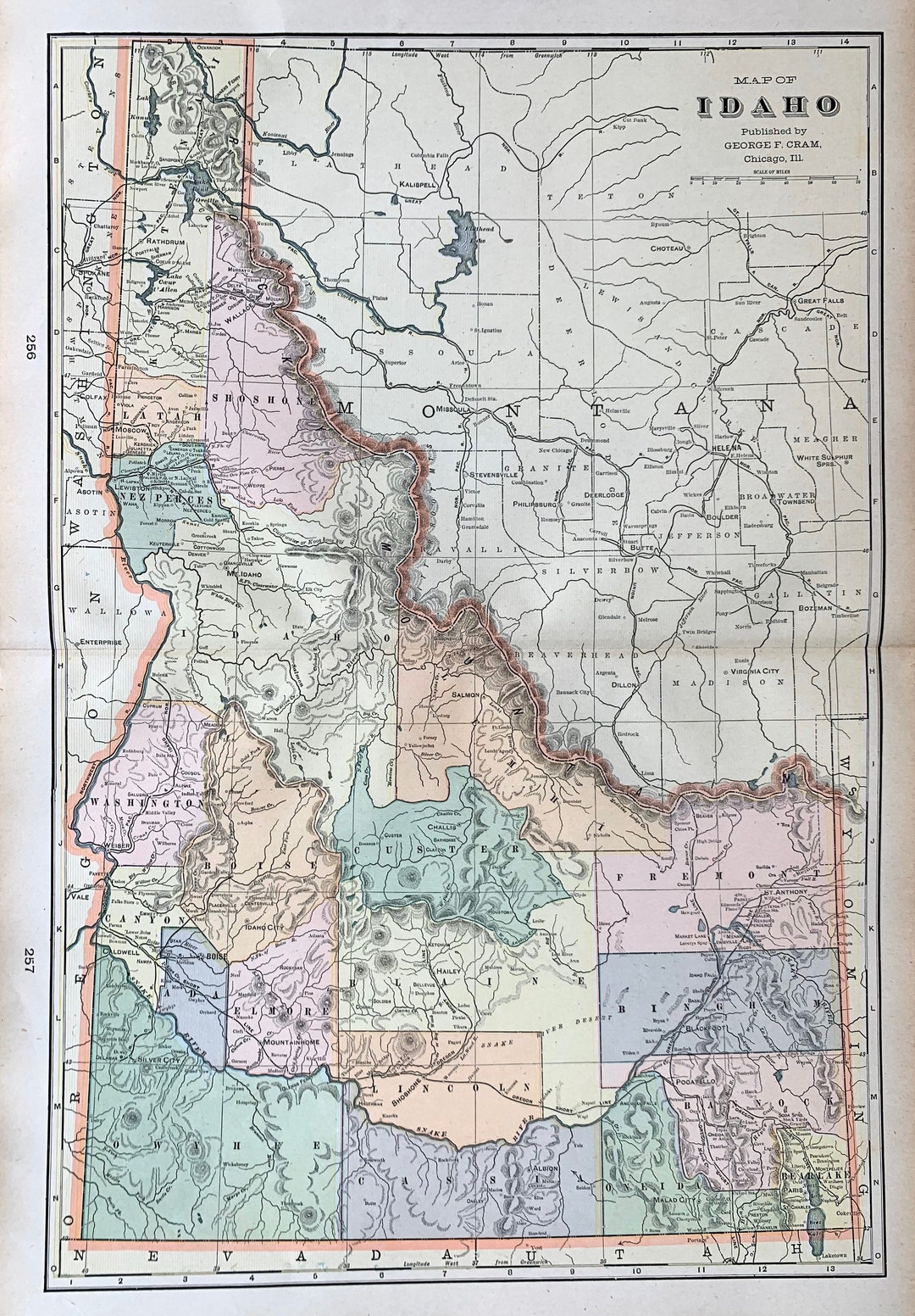 Idaho Map, Original 1901 Crams Atlas, State of Idaho, Boise, Coeur D ...