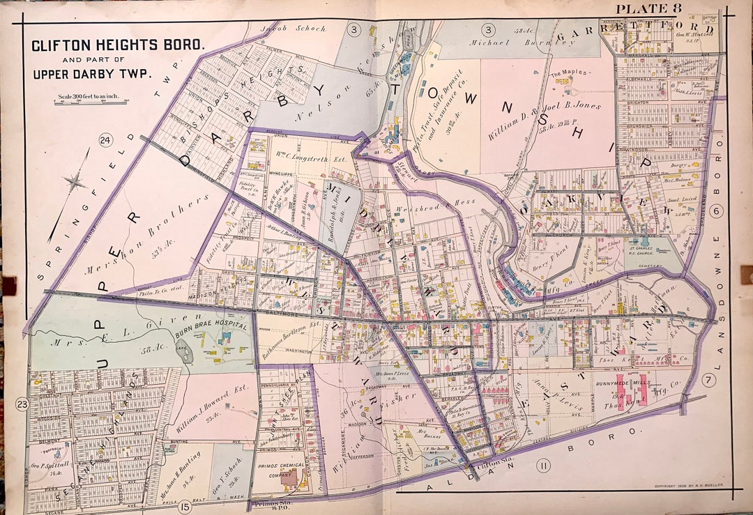 Clifton Heights Map, Upper Darby, Original 1909 Delaware County Atlas ...