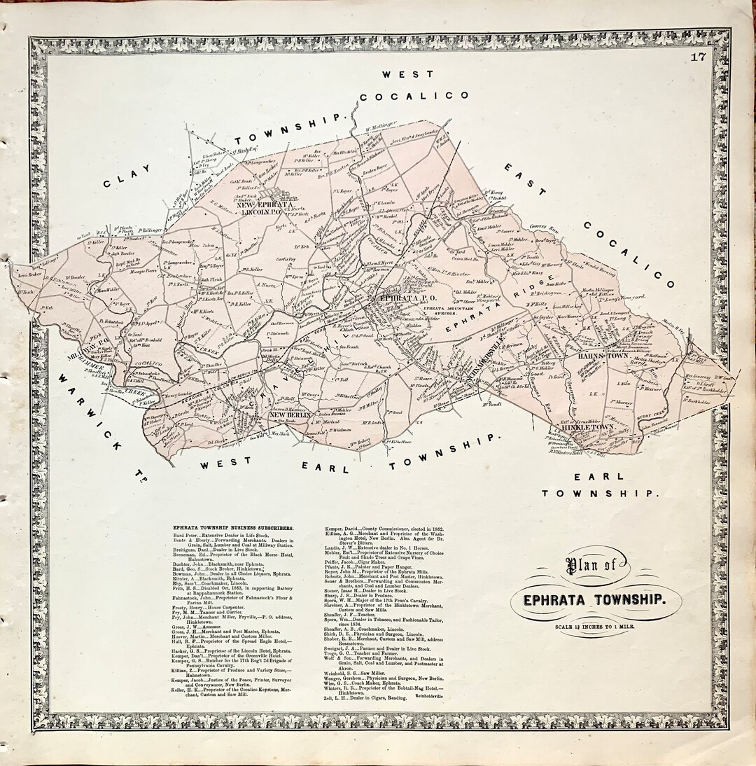 Ephrata Township Map, Original 1864 Lancaster County Atlas, Hinkletown ...