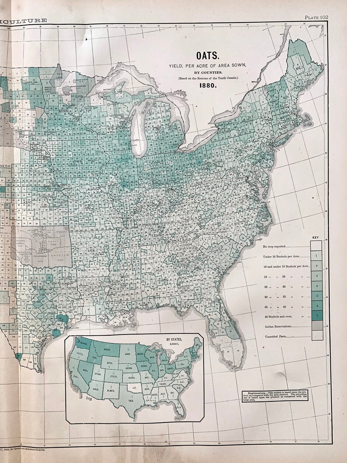 Antique Agriculture map Original 1883 United States census | Etsy