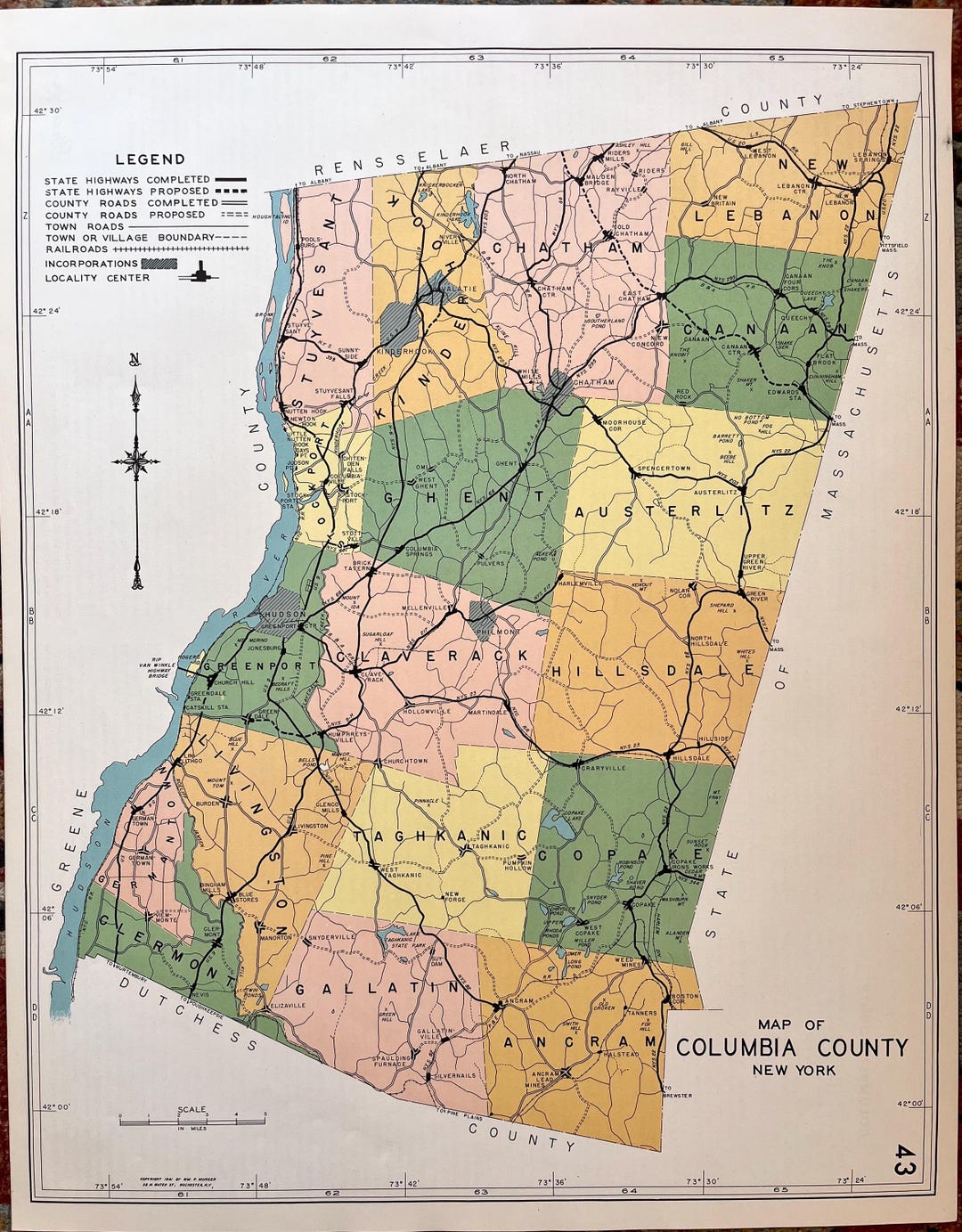 Columbia County Map, Original 1941 New York State Atlas, Hudson ...