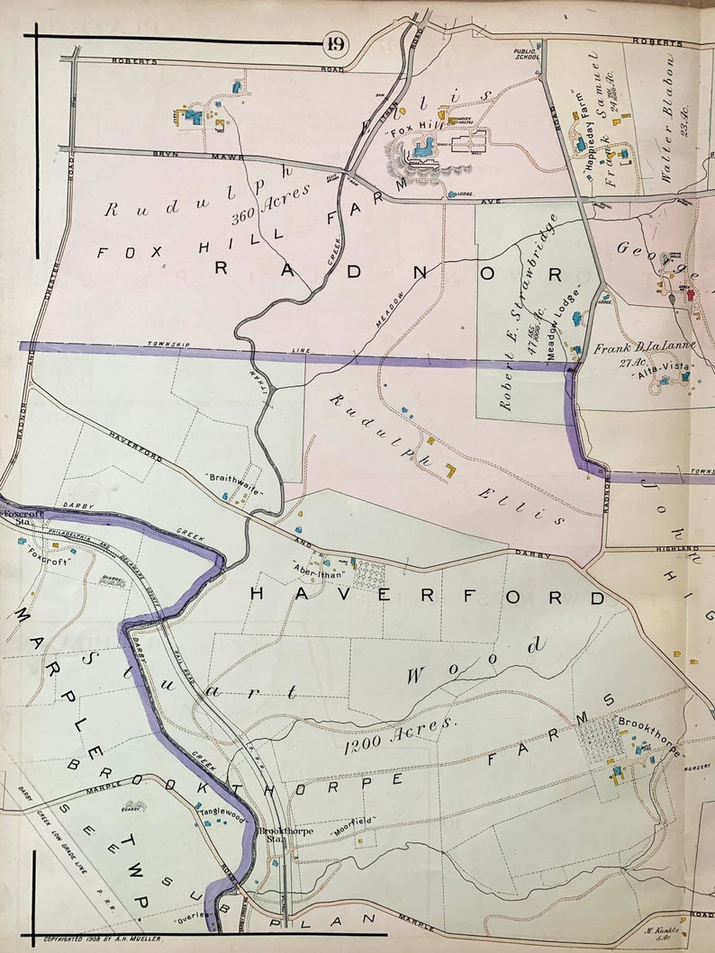 Haverford Township Map Original 1908 Mainline Atlas Radnor - Etsy