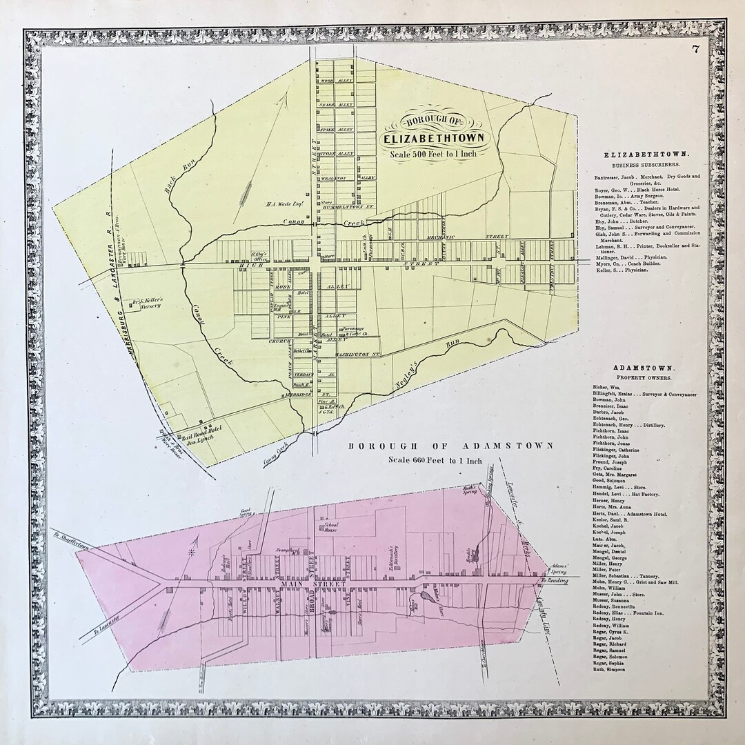 Elizabethtown Map, Original 1864 Bridgens Lancaster County Atlas ...