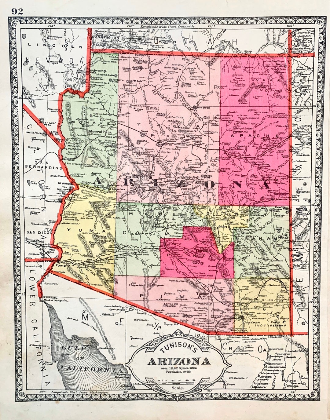 Arizona Map, Original 1889 Tunisons Atlas, State of Arizona, the Grand ...