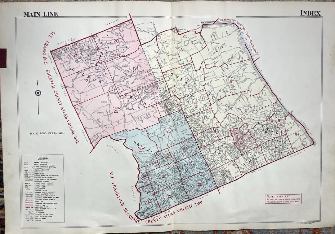 Main Line Map, Original 1961 Overbrook to Paoli Atlas, Haverford, Bryn ...