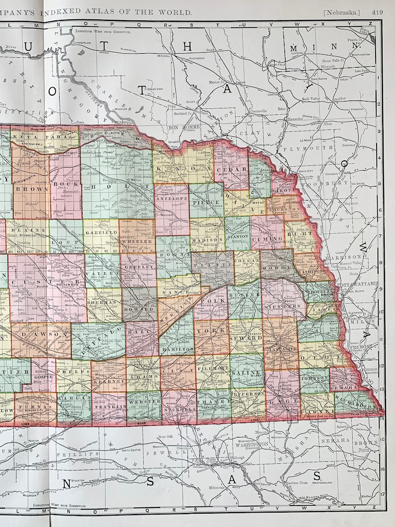 Nebraska Map, Original 1895 Rand Mcnally Atlas, Omaha, Cornhuskers ...