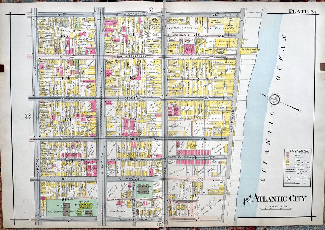 Atlantic City Map, Original 1908 Absecon Island Atlas, Boardwalk Hall ...