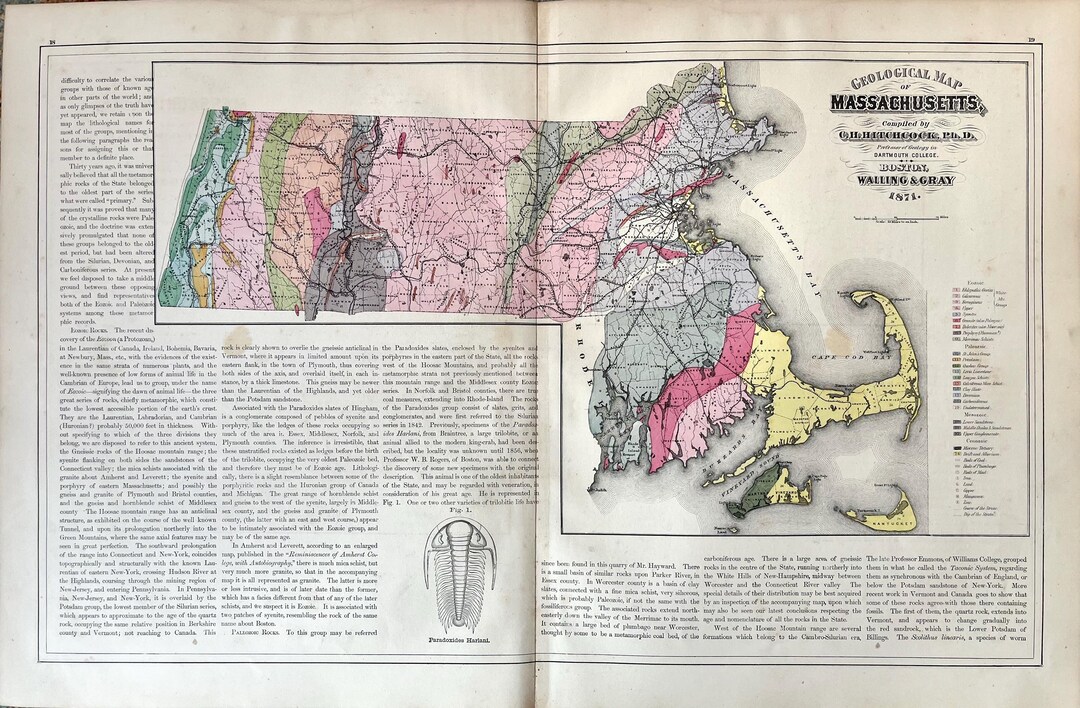 Massachusetts Map, Original 1871 Geological Map, Boston, Cape Cod ...